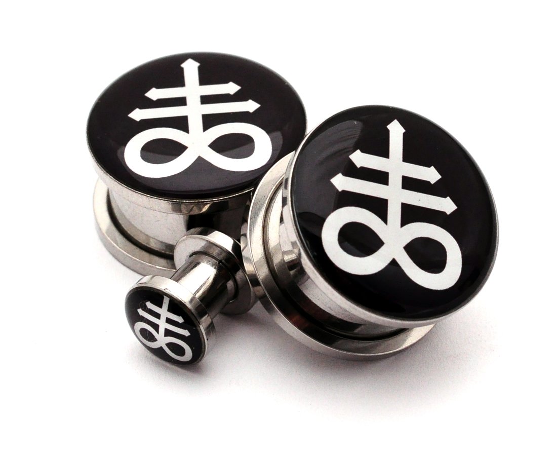 Mystic Metals Body Jewelry Screw on Plugs - Leviathan Cross Style 2 Picture Plugs - Sold As a Pair (1" (25mm))