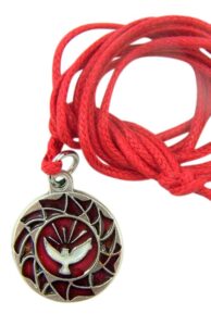 religious jewelry silver tone red enameled holy spirit dove confirmation pendant on red cord, 3/4 inch