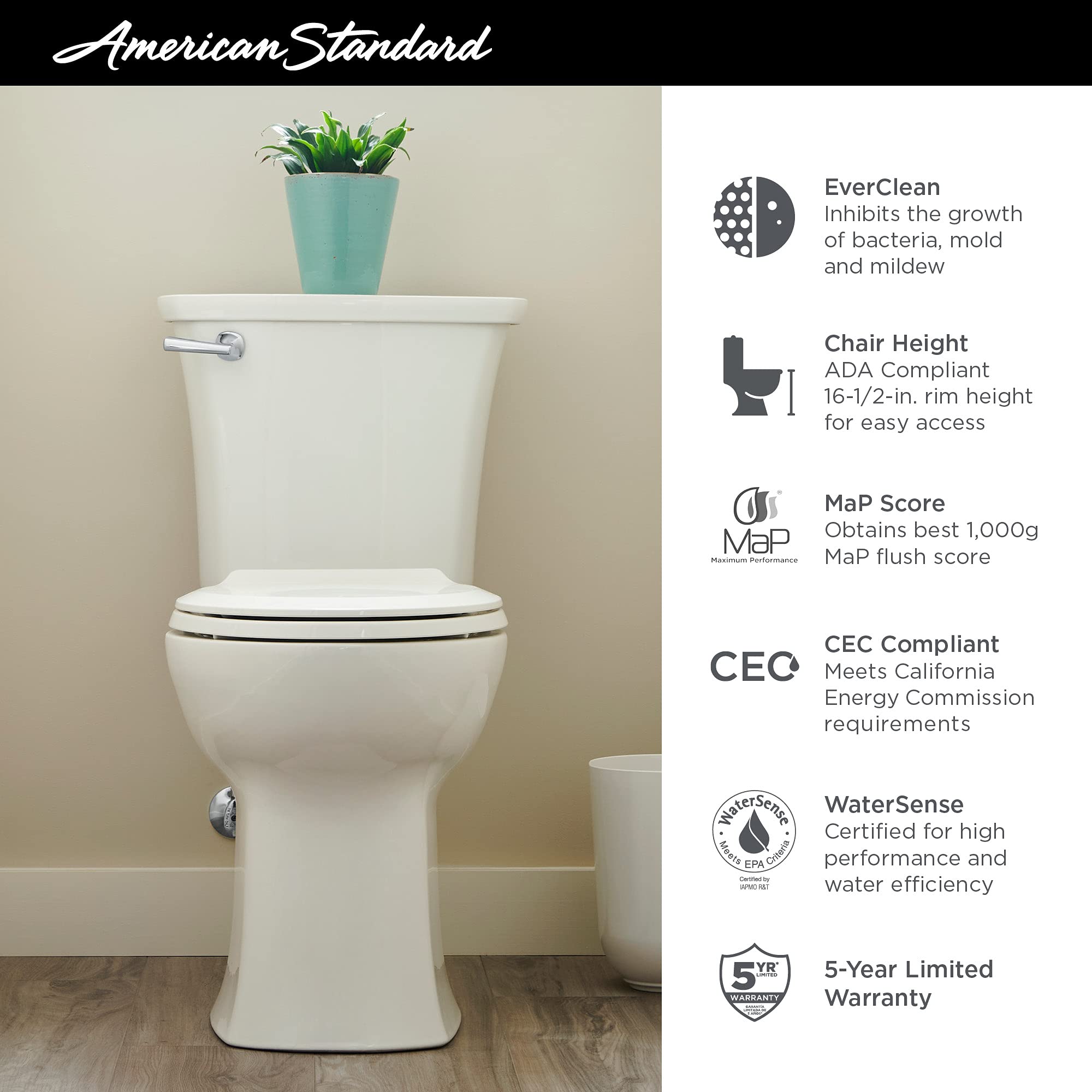 American Standard 204AA104.020 Edgemere Two-Piece Toilet, Elongated Front, Left-Hand Flush, White, 1.28 gpf