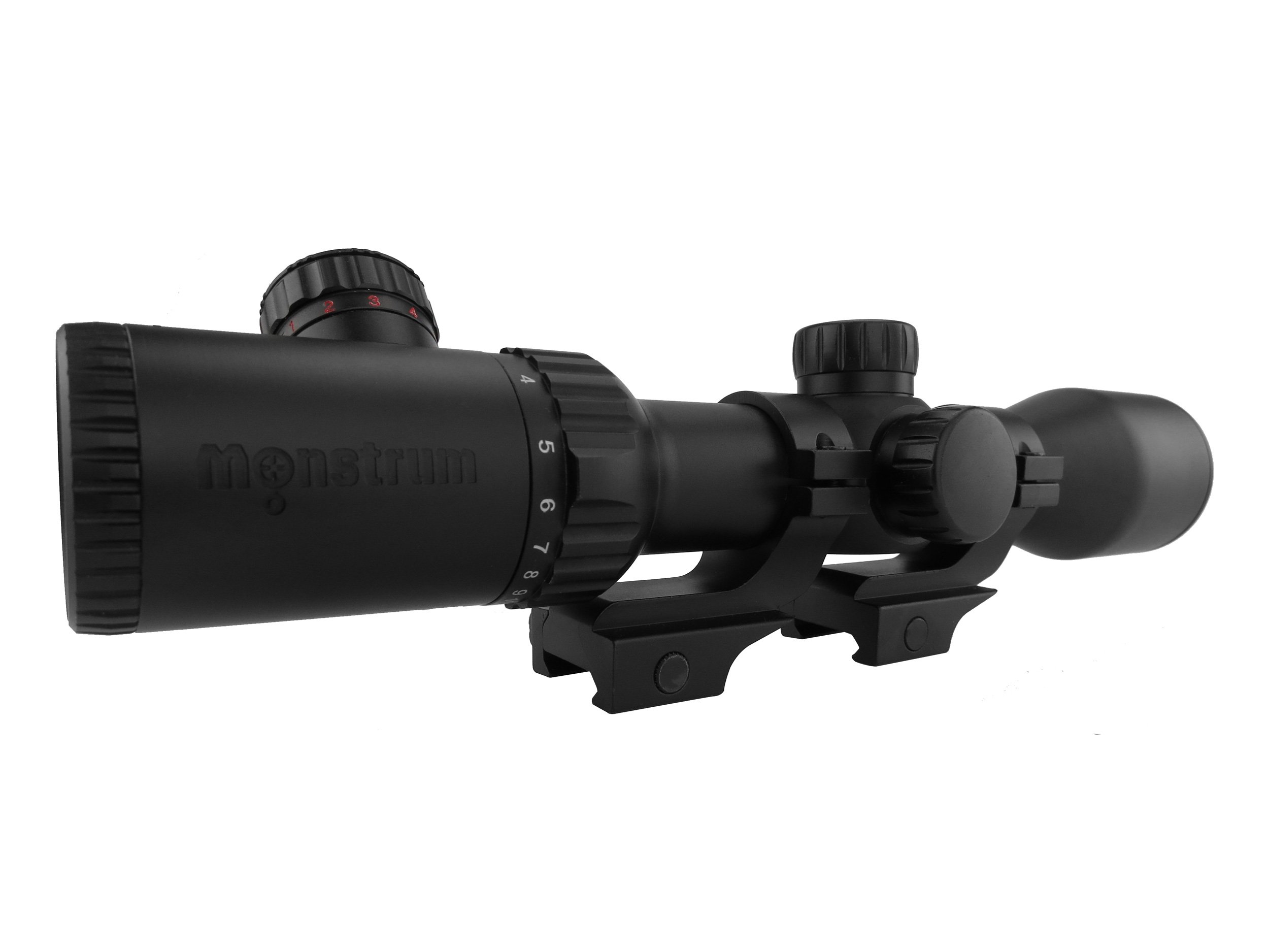 Monstrum 3-12x42 AO Rifle Scope with Illuminated Mil-Dot Reticle and Offset Reversible Scope Rings | Black