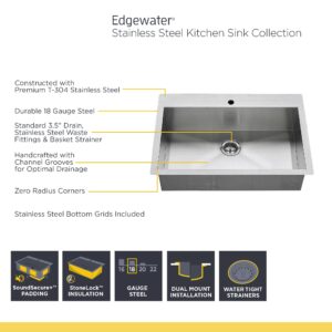 American Standard 18SB.9252211.075 Edgewater Zero Radius Dual Mount 25x22 Single Bowl w/Grid and Drain, Stainless Steel