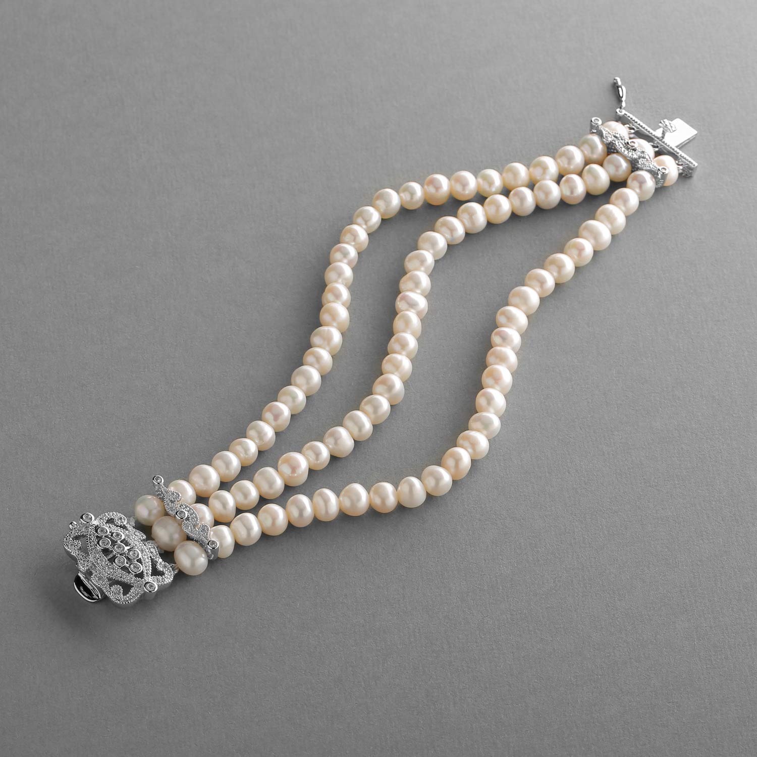 Mariell Genuine Freshwater Pearl 3-Strand Bridal Wedding Bracelet with CZ Safety Clasp, Birthday Gift