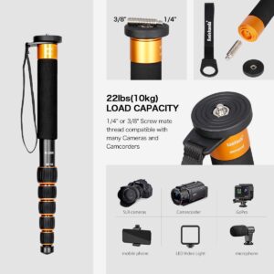 Koolehaoda 6-Section Monopod Compact Portable Photography Aluminum Alloy Unipod Stick, Max. Load 10kg / 22lbs, Folding Size is only 15-inch(K-266 Orange)