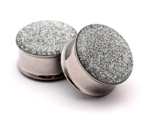 mystic metals body jewelry double flare silver glitter plugs - sold as a pair (1/2" (12mm))