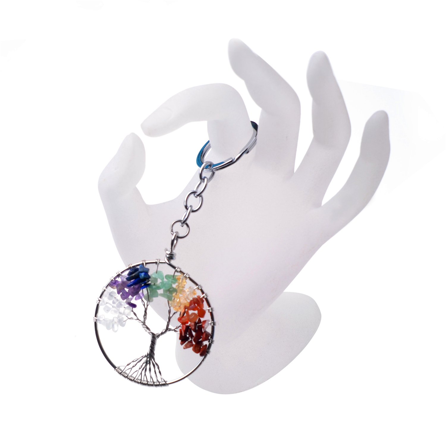 JOYA GIFT Women Keychian 7 Chakra Tree of Life Natural Crystal Pendant Keyring