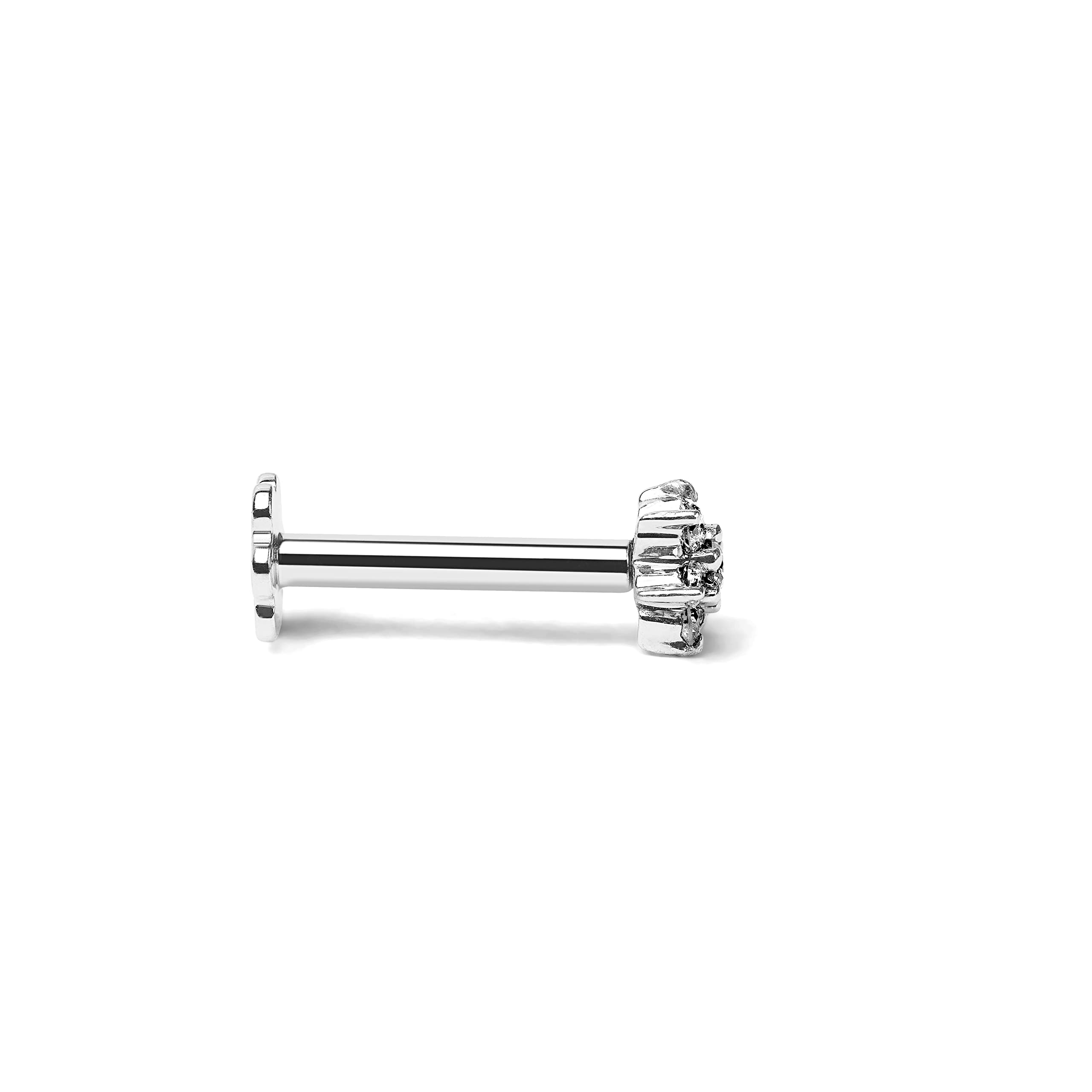 Demira Jewels Natural Diamond 14K White Gold Flower Nose Pin, Lip Labret, and Monroe Ring Stud Screw - 8mm Long, 16 Gauge Post