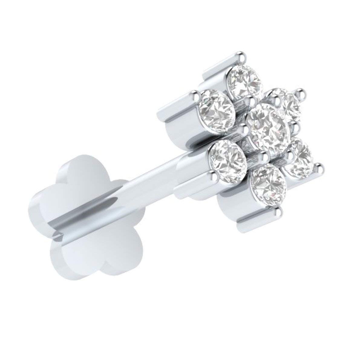 Demira Jewels Natural Diamond 14K White Gold Flower Nose Pin, Lip Labret, and Monroe Ring Stud Screw - 8mm Long, 16 Gauge Post