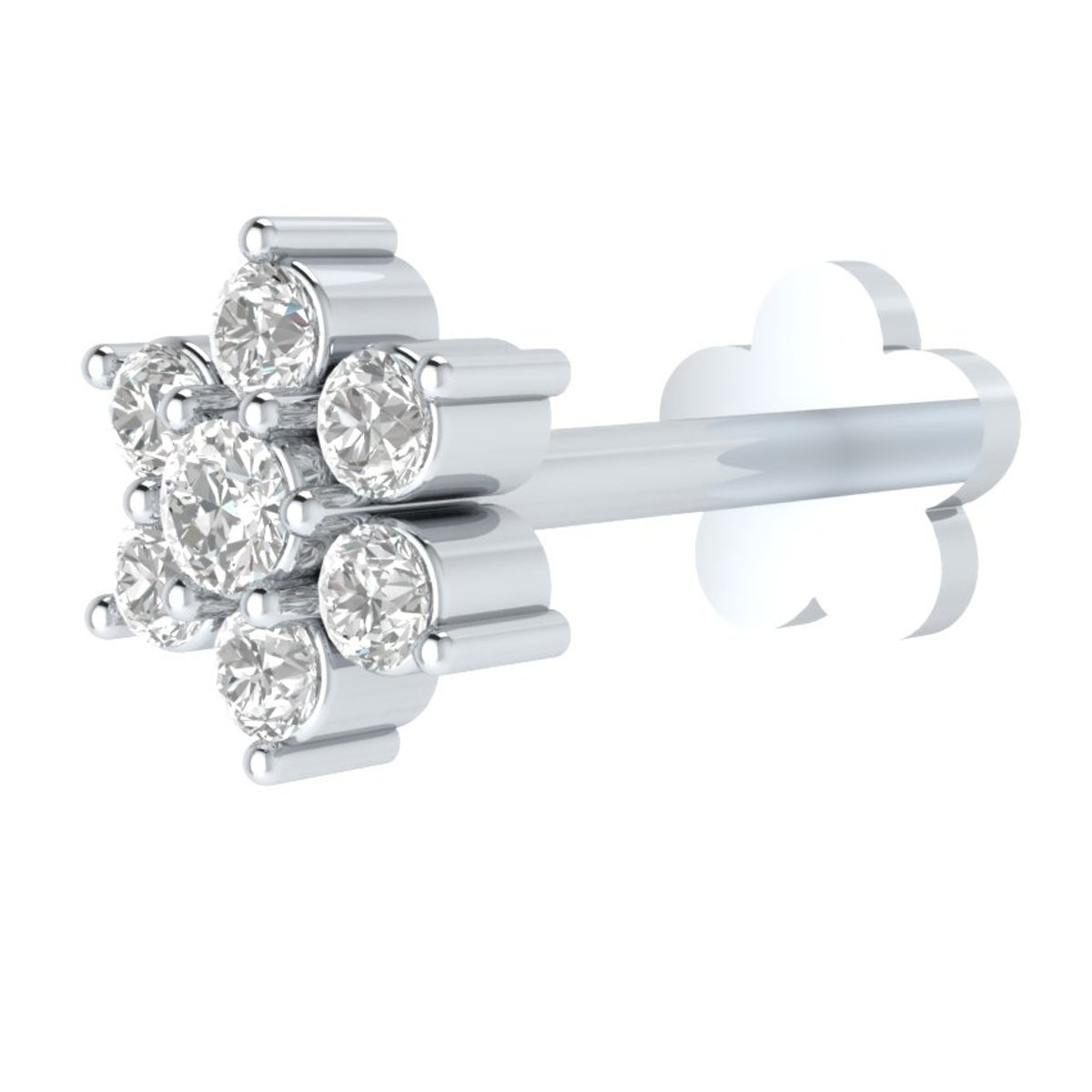 Demira Jewels Natural Diamond 14K White Gold Flower Nose Pin, Lip Labret, and Monroe Ring Stud Screw - 8mm Long, 16 Gauge Post