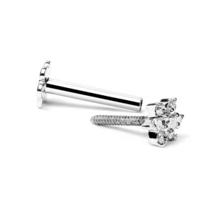 Demira Jewels Natural Diamond 14K White Gold Flower Nose Pin, Lip Labret, and Monroe Ring Stud Screw - 8mm Long, 16 Gauge Post