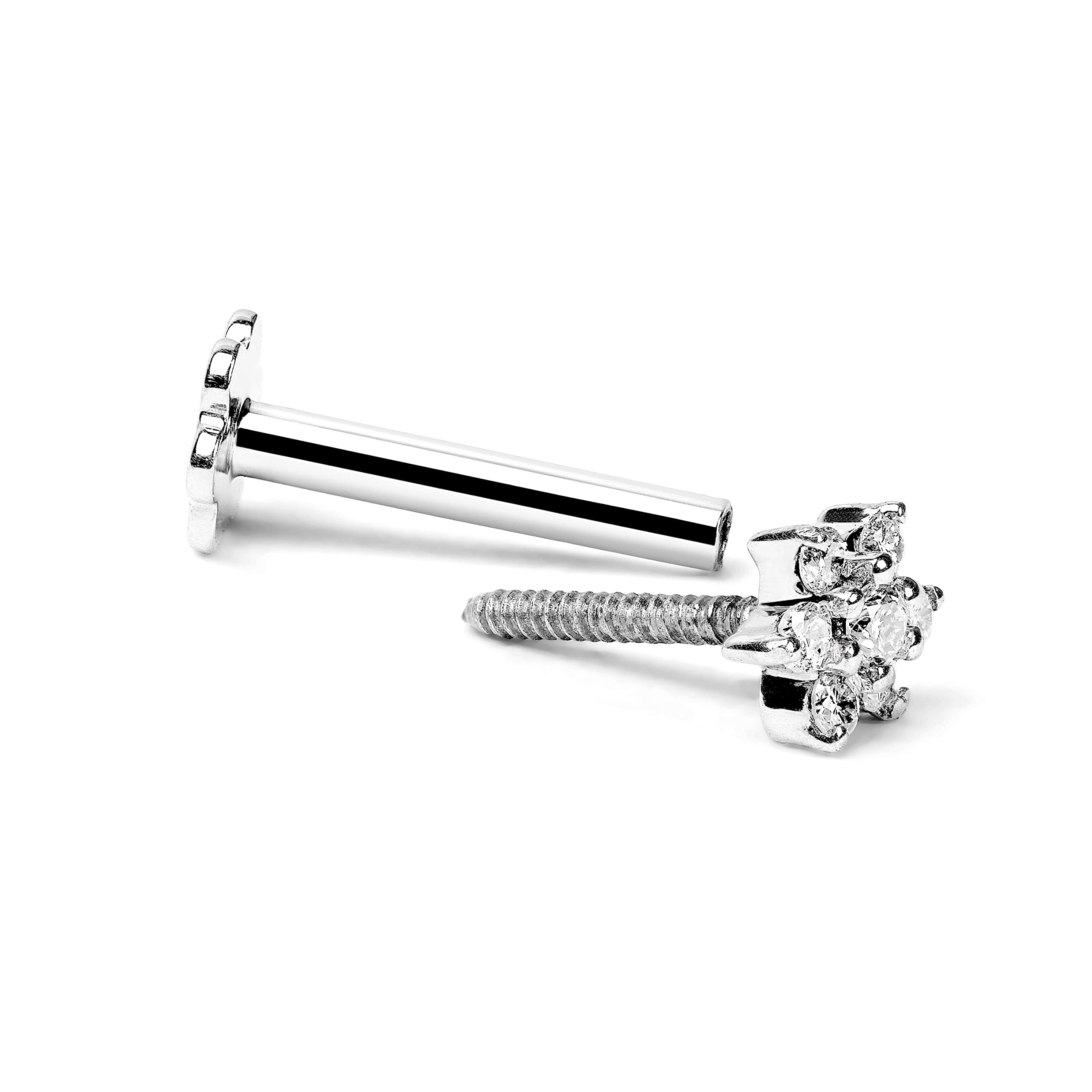 Demira Jewels Natural Diamond 14K White Gold Flower Nose Pin, Lip Labret, and Monroe Ring Stud Screw - 8mm Long, 16 Gauge Post