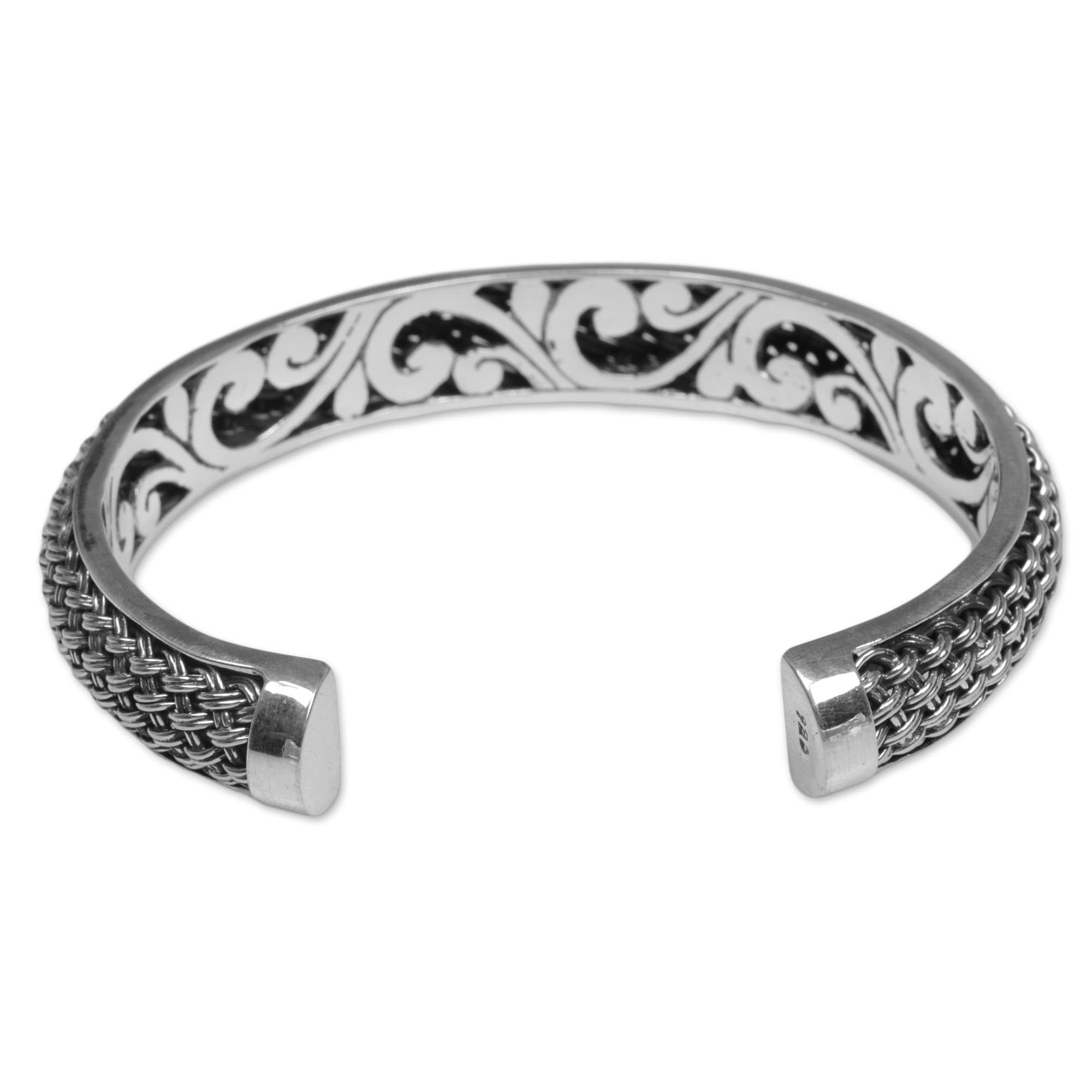 NOVICA Artisan Handmade Sterling Silver Cuff Bracelet Crafted from Indonesia [5.25 in L (end to End) x 0.4 in W] ' Woven Chains'