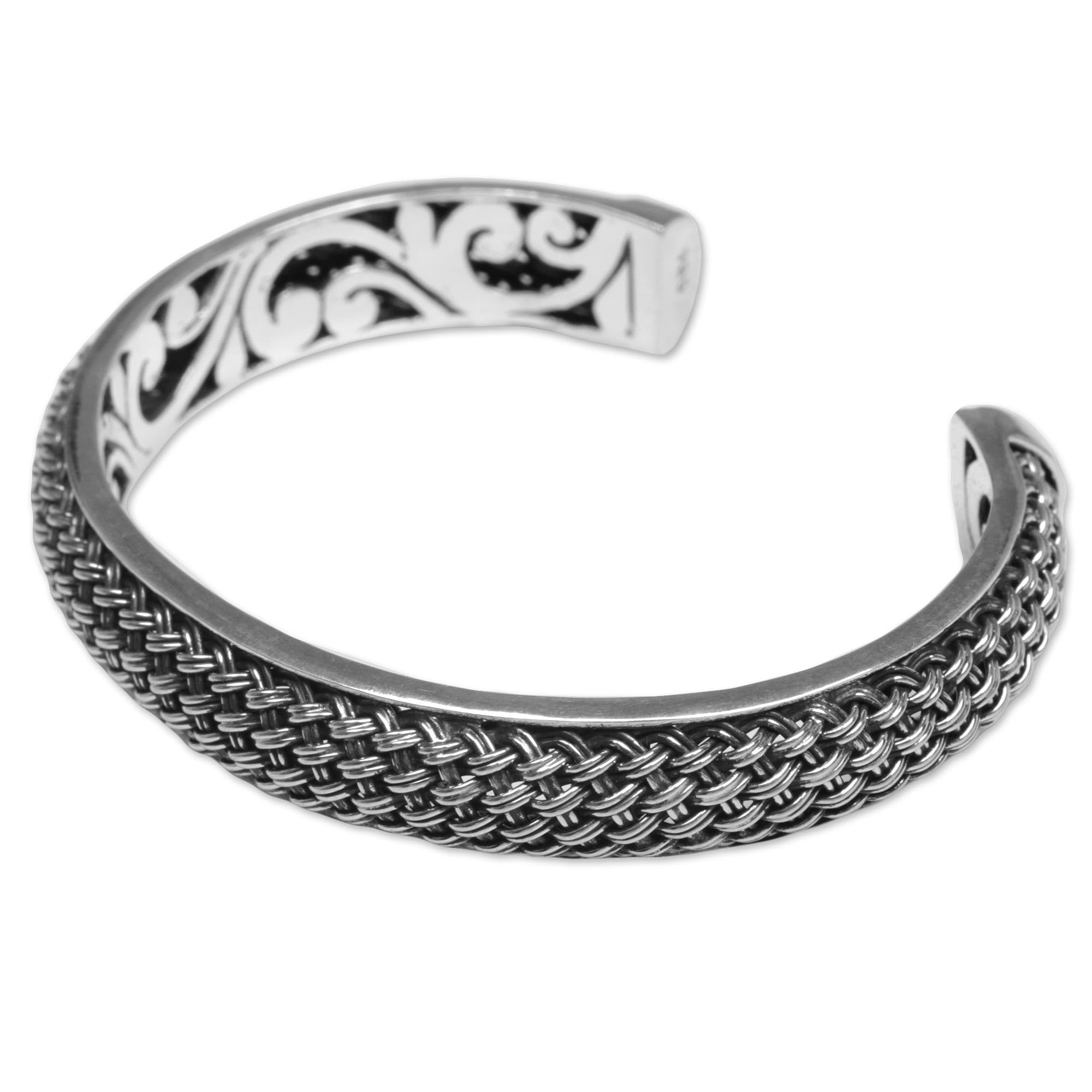 NOVICA Artisan Handmade Sterling Silver Cuff Bracelet Crafted from Indonesia [5.25 in L (end to End) x 0.4 in W] ' Woven Chains'