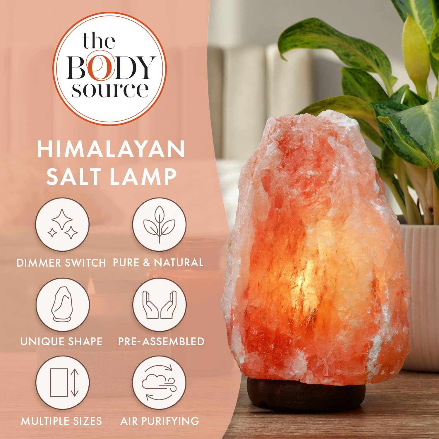 The Body Source Himalayan Salt Lamp 8-10 inches (7-11Ib), includes Lamp Dimmer Switch and Night Light - All Natural Salt Lamp with Handcrafted Wooden Base and Salt Lamp Light Bulb Replacement