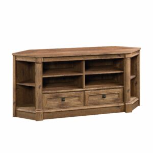 sauder palladia corner entertainment credenza, for tvs up to 60", vintage oak finish