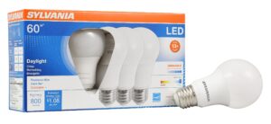 sylvania ultra led a19 light bulb, 60w equivalent, efficient 9w, 13 year, 800 lumens, dimmable, clear, medium base, 5000k, daylight - 4 pack (78040)