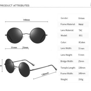 Dollger Round Polarized Sunglasses for Men Women Retro Metal Frame Black Small Circle Hippie Sunglasses