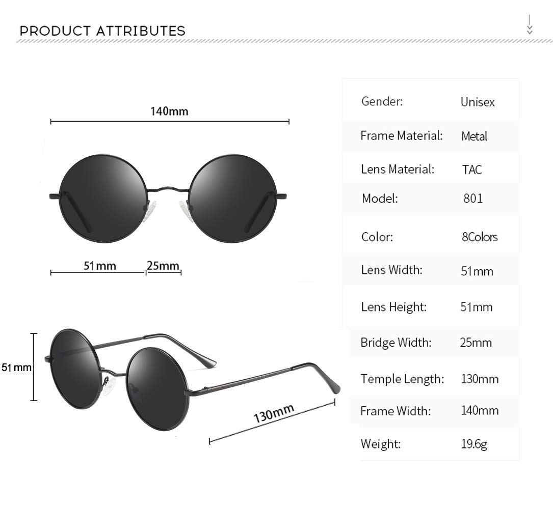 Dollger Round Polarized Sunglasses for Men Women Retro Metal Frame Black Small Circle Hippie Sunglasses