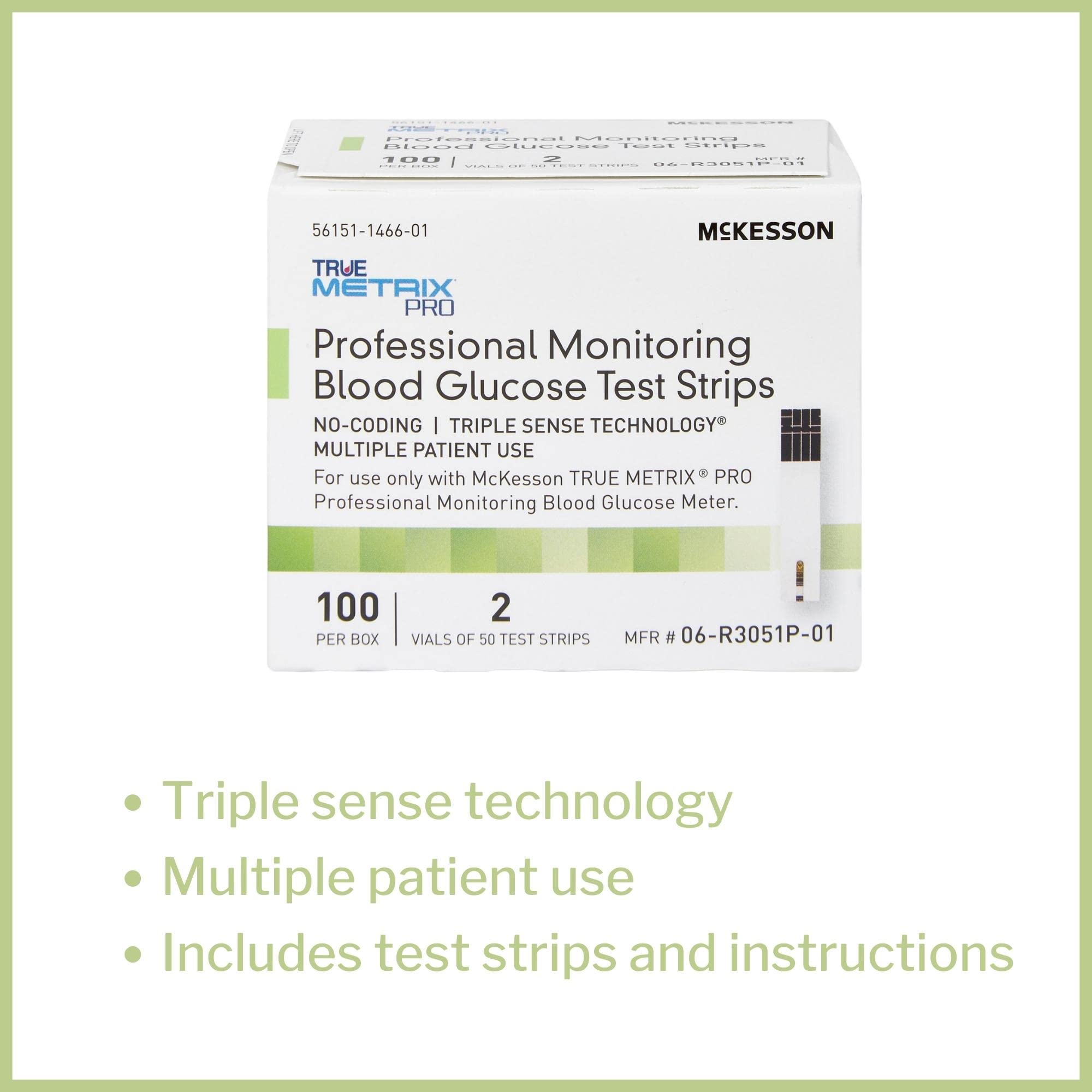 McKesson TRUE METRIX PRO Professional Monitoring Blood Glucose Test Strips - No Coding, Triple Sense Technology, Multiple Patient Use - Vials of Strips, 100 Strips, 1 Pack