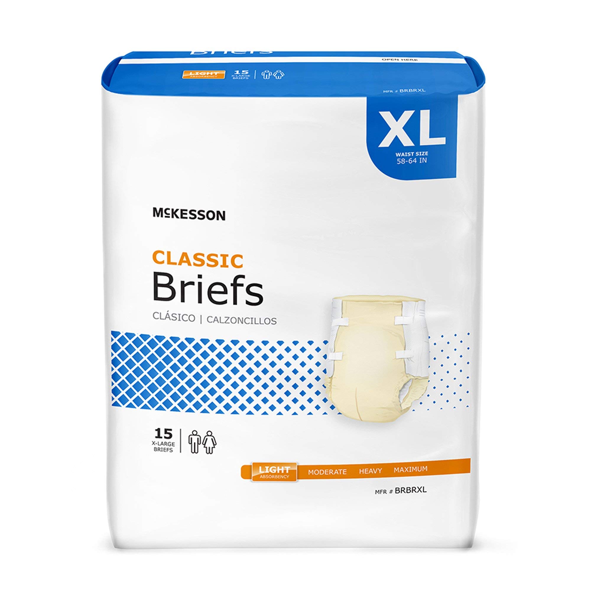 McKesson Classic Briefs, Incontinence, Light Absorbency, XL, 15 Count, 4 Packs, 60 Total