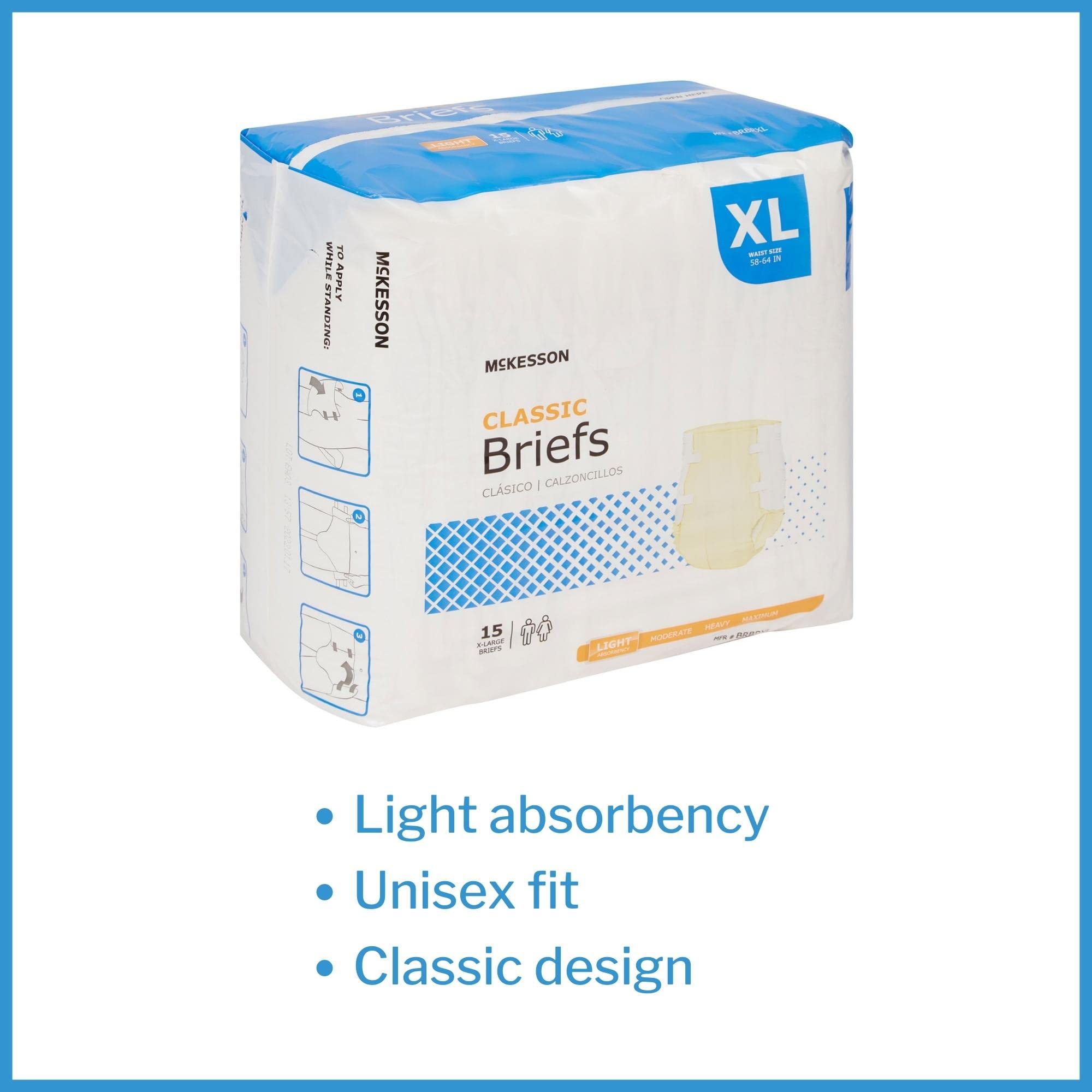 McKesson Classic Briefs, Incontinence, Light Absorbency, XL, 15 Count, 4 Packs, 60 Total