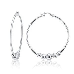 sterling silver polished and hammered beads round hoop earrings (1 3/4 inch)