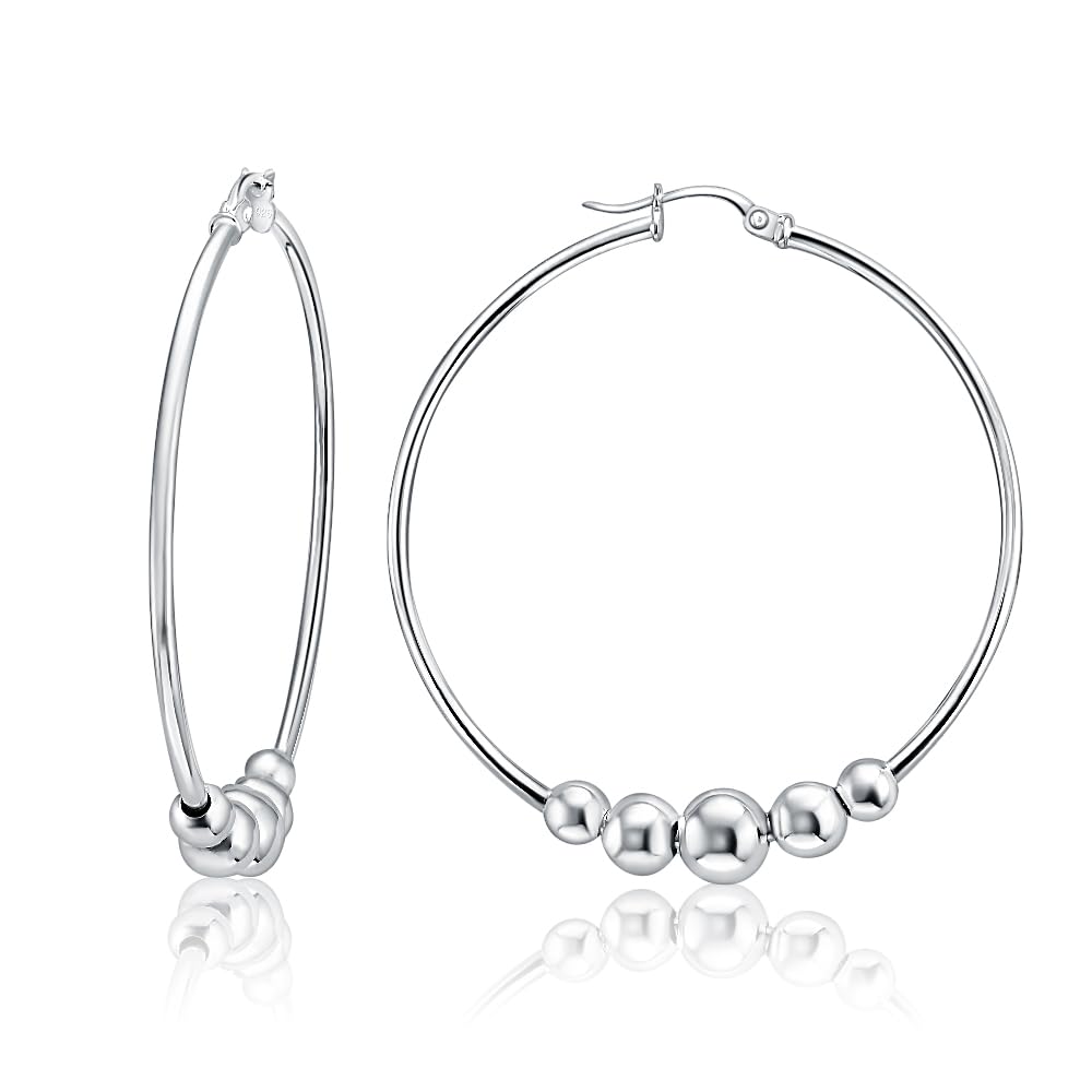 Sterling Silver Polished and Hammered Beads Round Hoop Earrings (1 3/4 Inch)