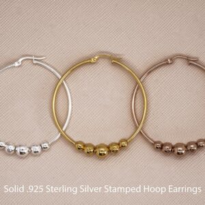 Sterling Silver Polished and Hammered Beads Round Hoop Earrings (1 3/4 Inch)