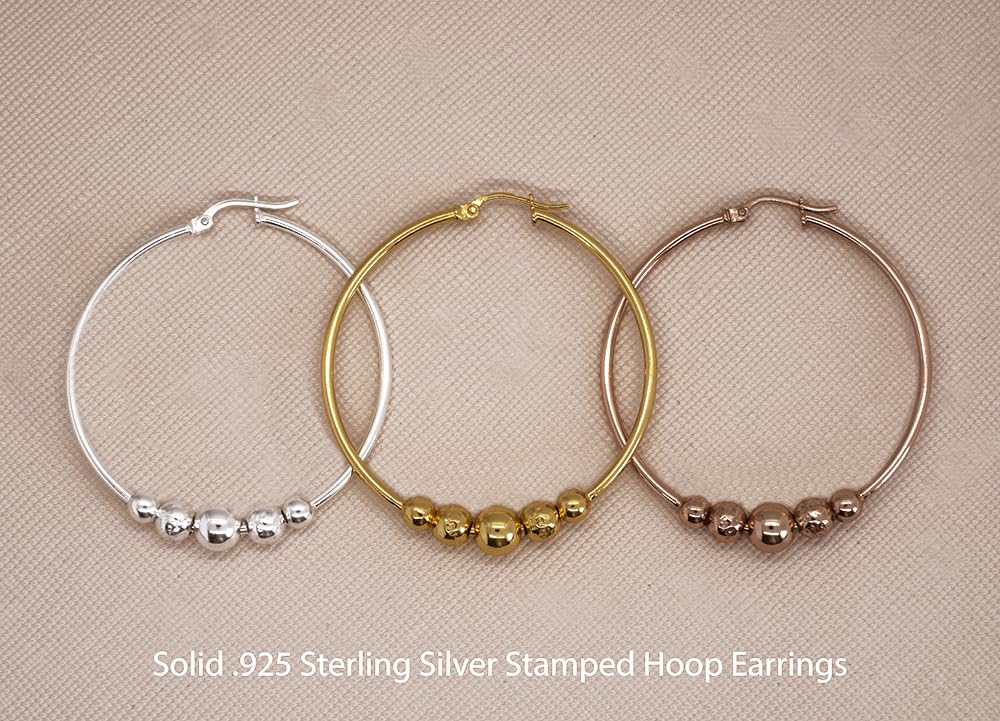 Sterling Silver Polished and Hammered Beads Round Hoop Earrings (1 3/4 Inch)