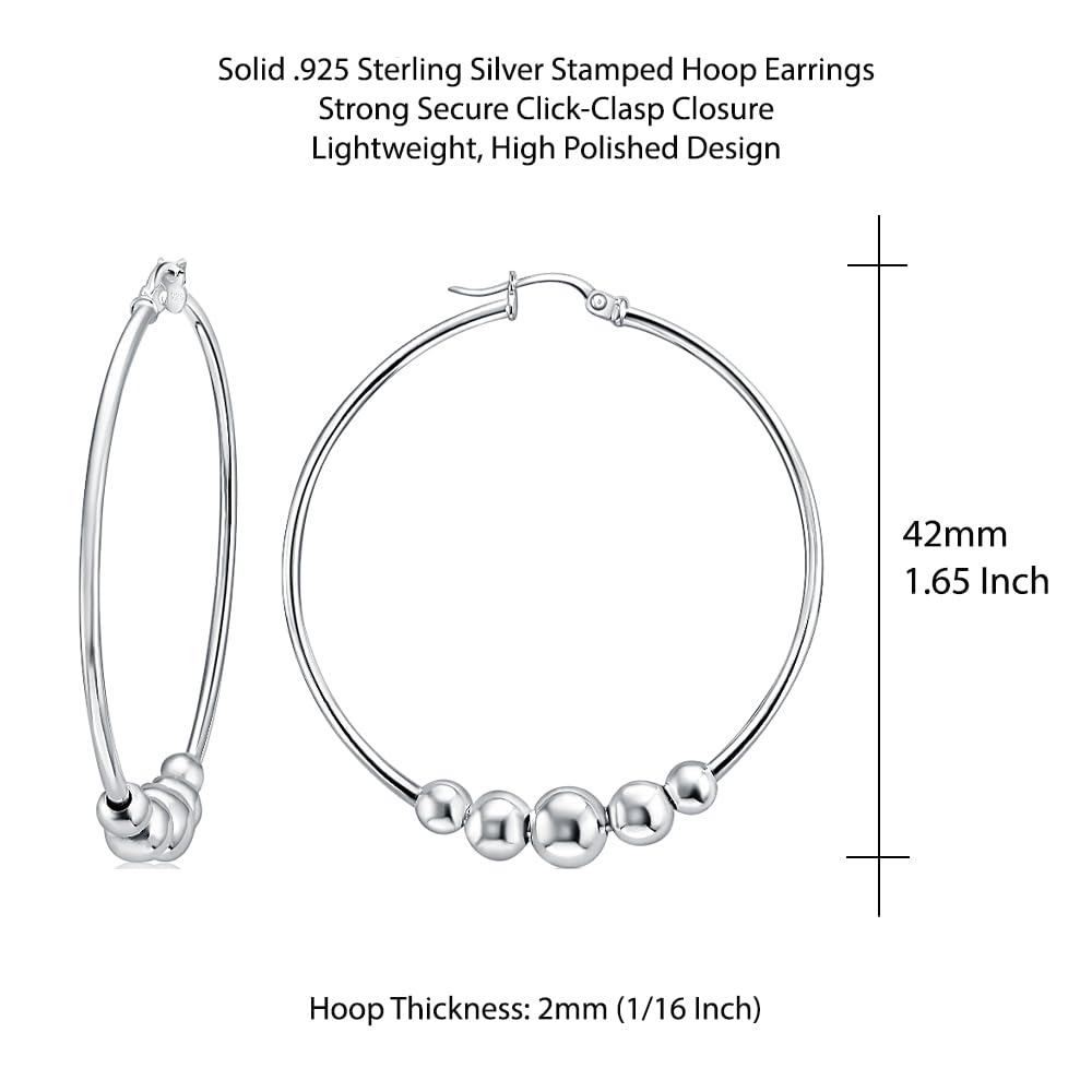 Sterling Silver Polished and Hammered Beads Round Hoop Earrings (1 3/4 Inch)