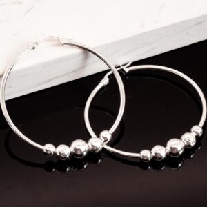 Sterling Silver Polished and Hammered Beads Round Hoop Earrings (1 3/4 Inch)