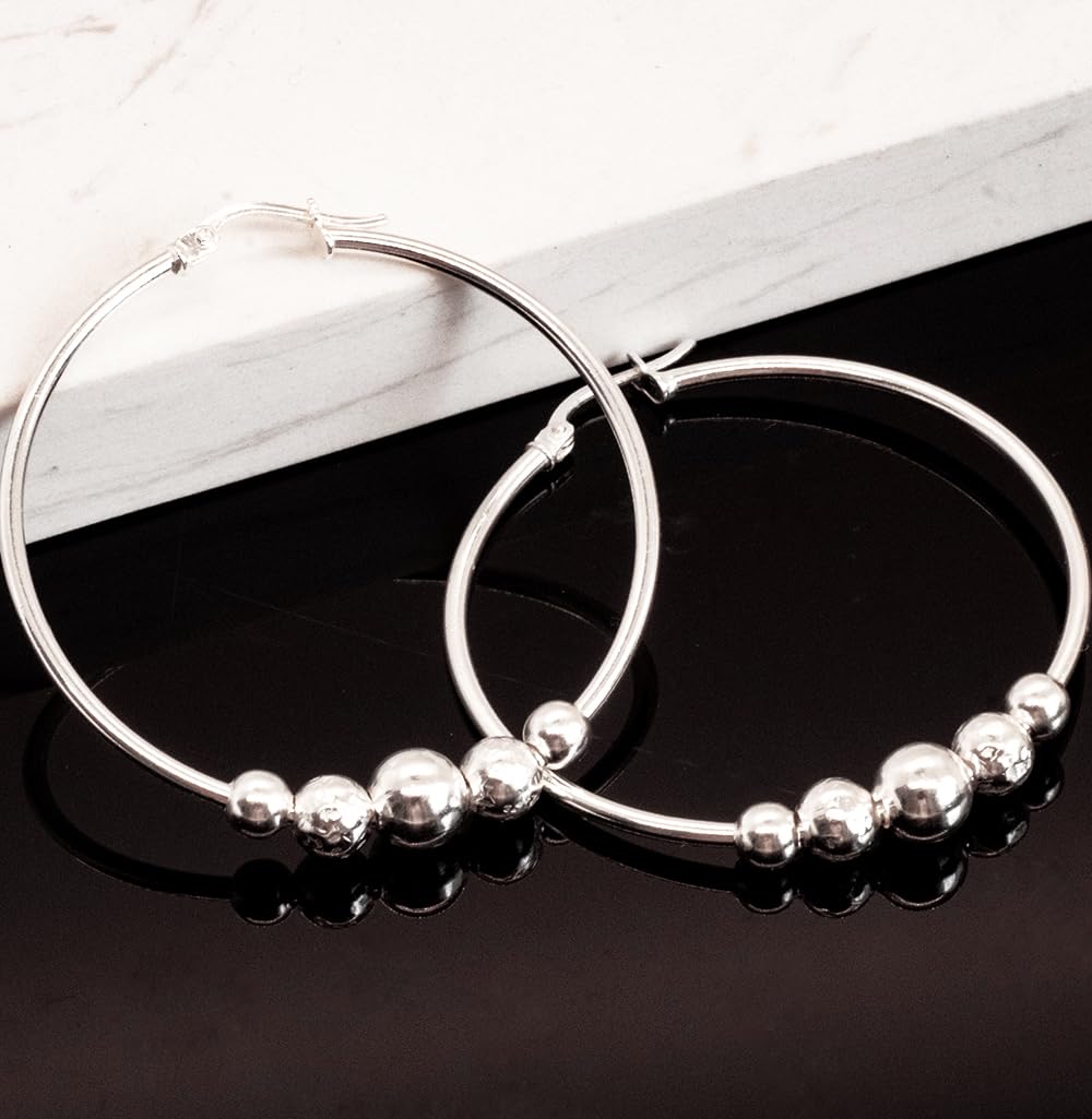 Sterling Silver Polished and Hammered Beads Round Hoop Earrings (1 3/4 Inch)