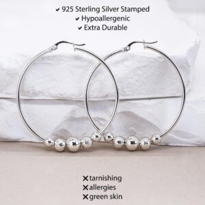 Sterling Silver Polished and Hammered Beads Round Hoop Earrings (1 3/4 Inch)