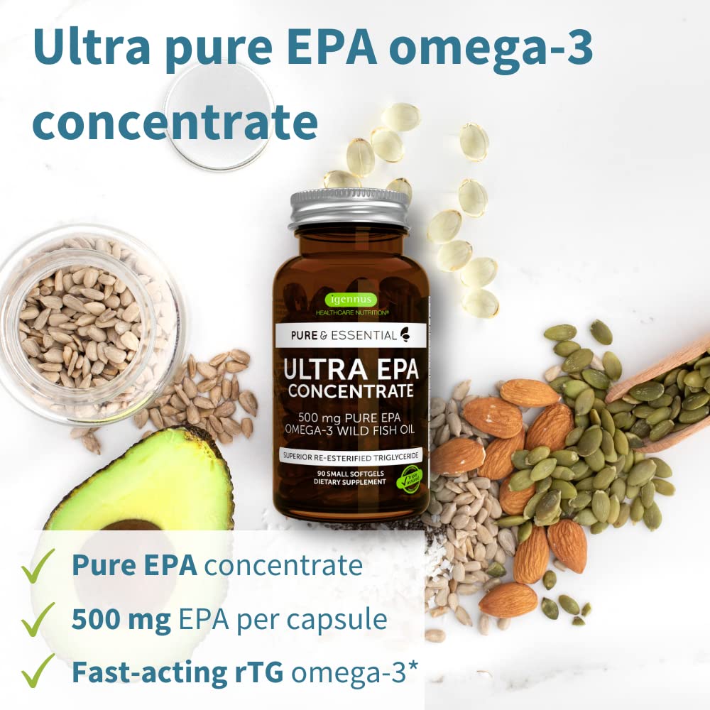 Pure & Essential Ultra Pure EPA Omega-3 Concentrate 500 mg, Wild Fish Oil, rTG, 90 Small Softgels