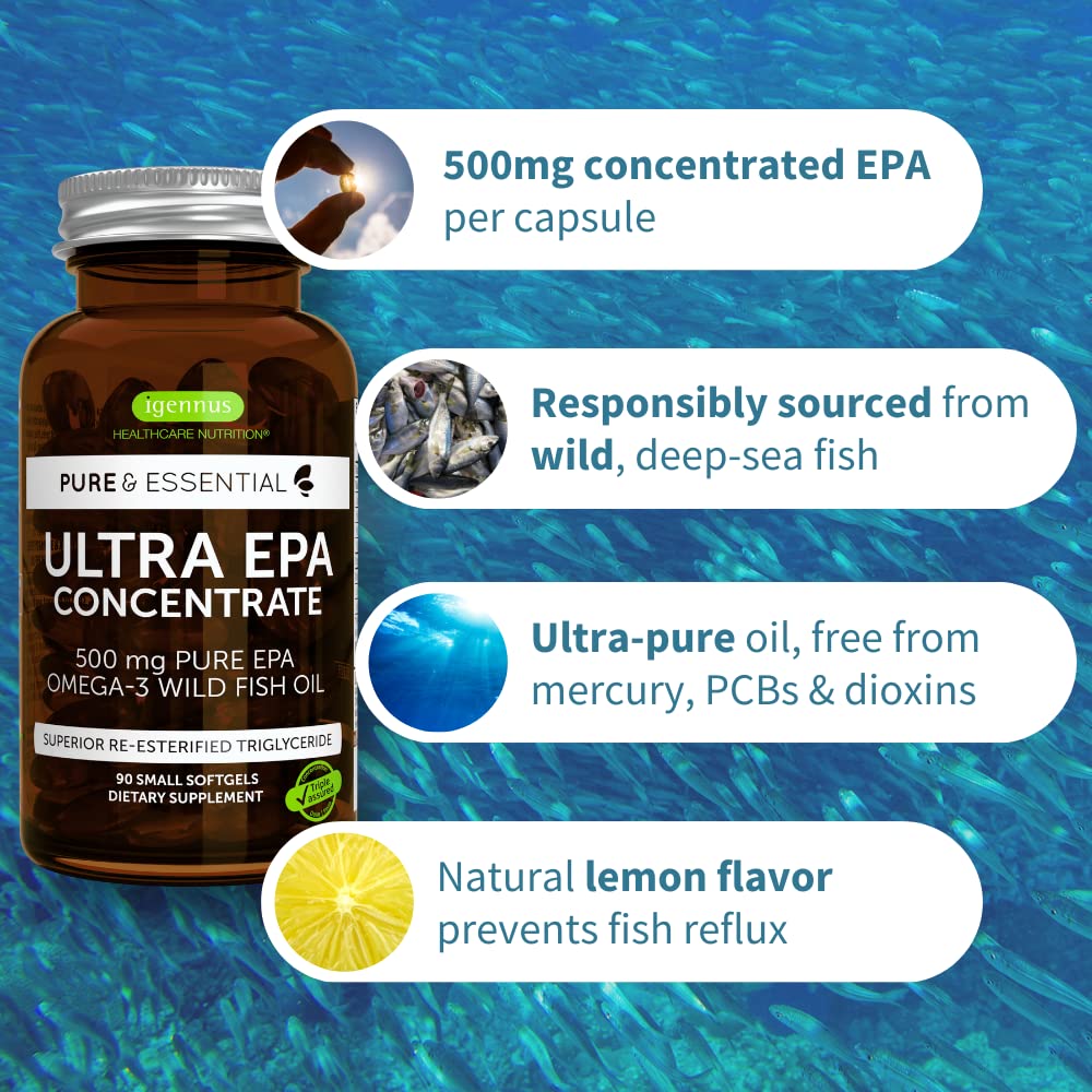 Pure & Essential Ultra Pure EPA Omega-3 Concentrate 500 mg, Wild Fish Oil, rTG, 90 Small Softgels