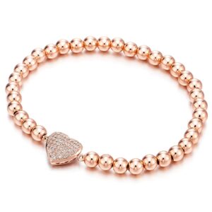 coolsteelandbeyond rose gold beads link charm bracelet for women with cubic zirconia heart charm, polished