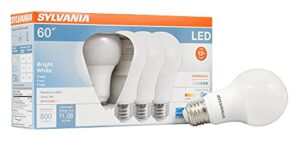 sylvania led a19 light bulb, 60w equivalent, efficient 9w, medium base, dimmable frosted 3500k bright white, 4 pack