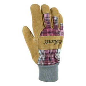 carhartt womens insulated suede work with knit cuff winter gloves, wild rose plaid, small us