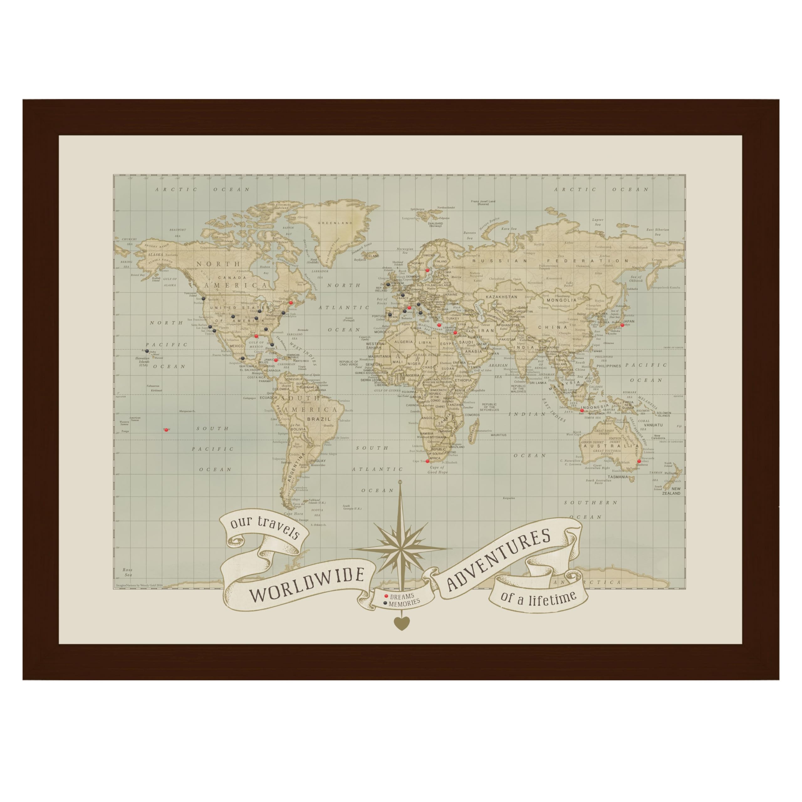 Dreams and Memories Custom World Push Pin Travel Map, World Push Pin Map with Espresso Brown Frame