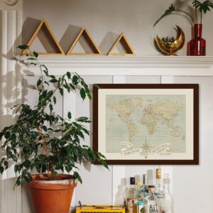 Dreams and Memories Custom World Push Pin Travel Map, World Push Pin Map with Espresso Brown Frame