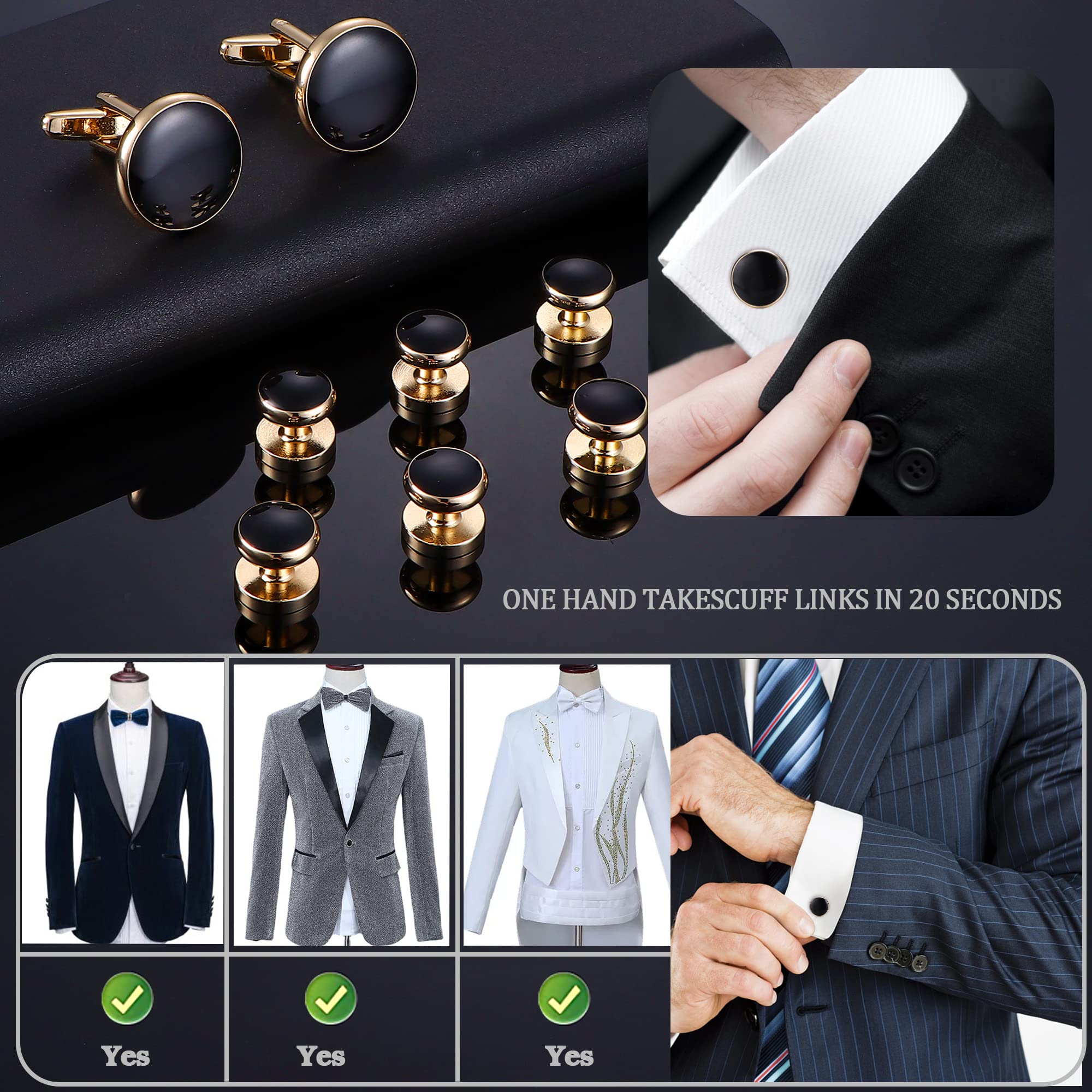 ORAZIO Cuff Links Mens Stainless Steel Cuff Links and Studs Set Gold Black Cufflinks for Men Tuxedo Studs Buttons for Formal Kit Business or Wedding Shirts