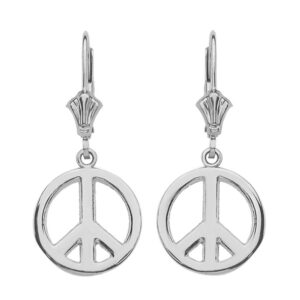 leverback peace symbol dangle earrings in polished sterling silver