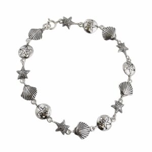 fashionjunkie4life sterling silver beach bracelet, 7.5" length, sand dollar starfish seashell pattern