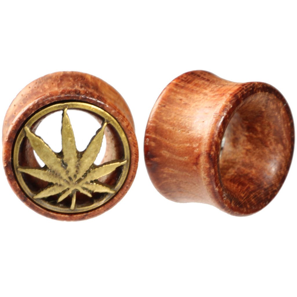 18mm 11/16" Brass Pot Leaf Marijuana Organic Wood Flesh Tunnels Double Flared Ear Stretcher Saddle Plugs Gauge