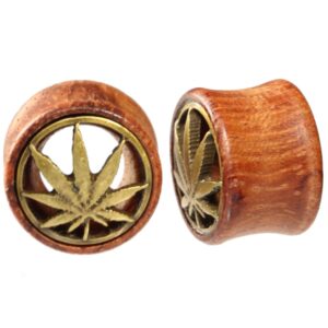 18mm 11/16" Brass Pot Leaf Marijuana Organic Wood Flesh Tunnels Double Flared Ear Stretcher Saddle Plugs Gauge