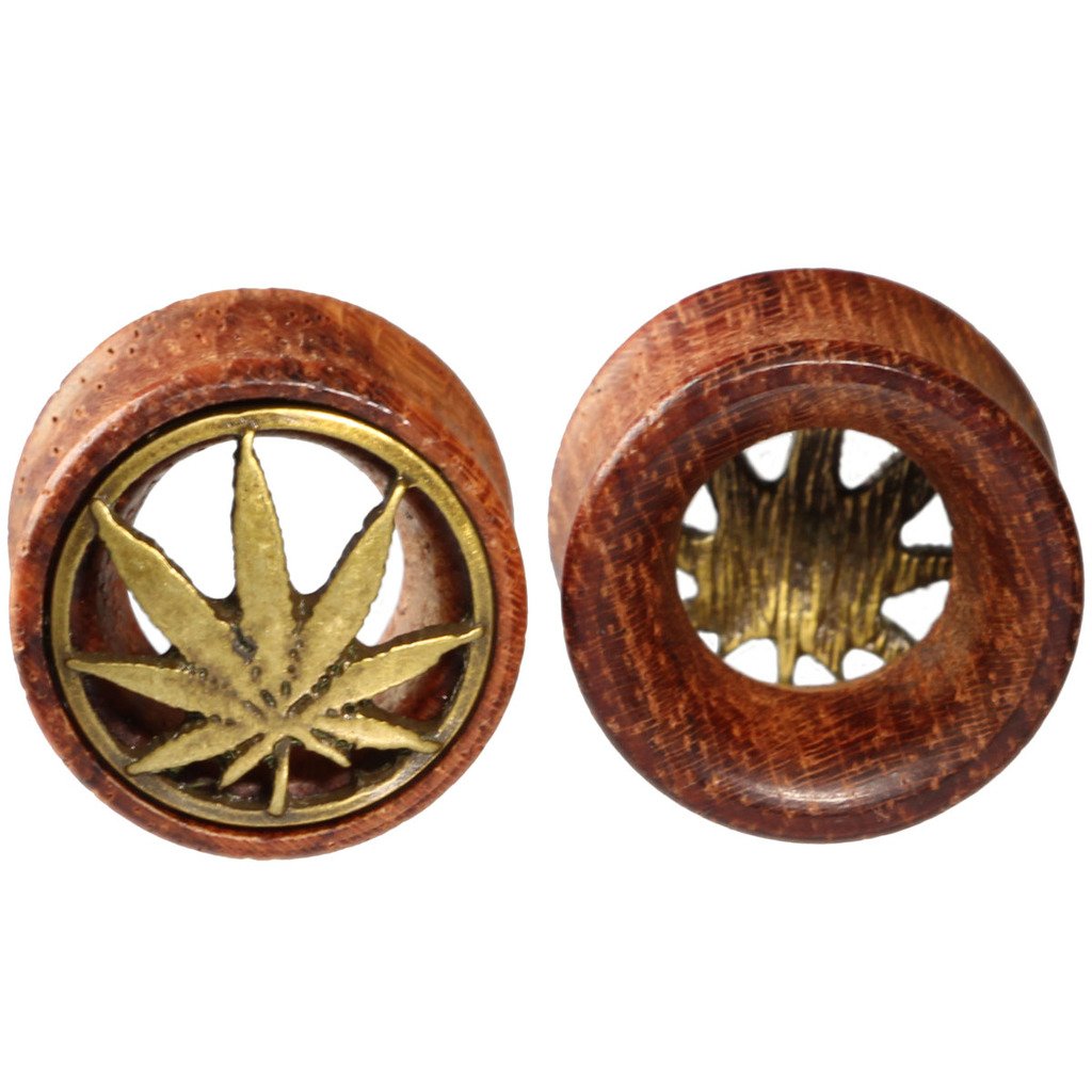 18mm 11/16" Brass Pot Leaf Marijuana Organic Wood Flesh Tunnels Double Flared Ear Stretcher Saddle Plugs Gauge