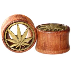 18mm 11/16" Brass Pot Leaf Marijuana Organic Wood Flesh Tunnels Double Flared Ear Stretcher Saddle Plugs Gauge