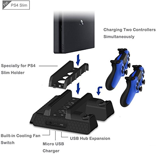 PS4 Vertical Stand, Megadream 12pcs Discs Storage Game Tower, Dual Controller Charging Dock Station, 3 Fans Cooler Cooling Stand with USB Expansion Hub for Sony Playstation PS4, PS4 Slim, PS4 Pro