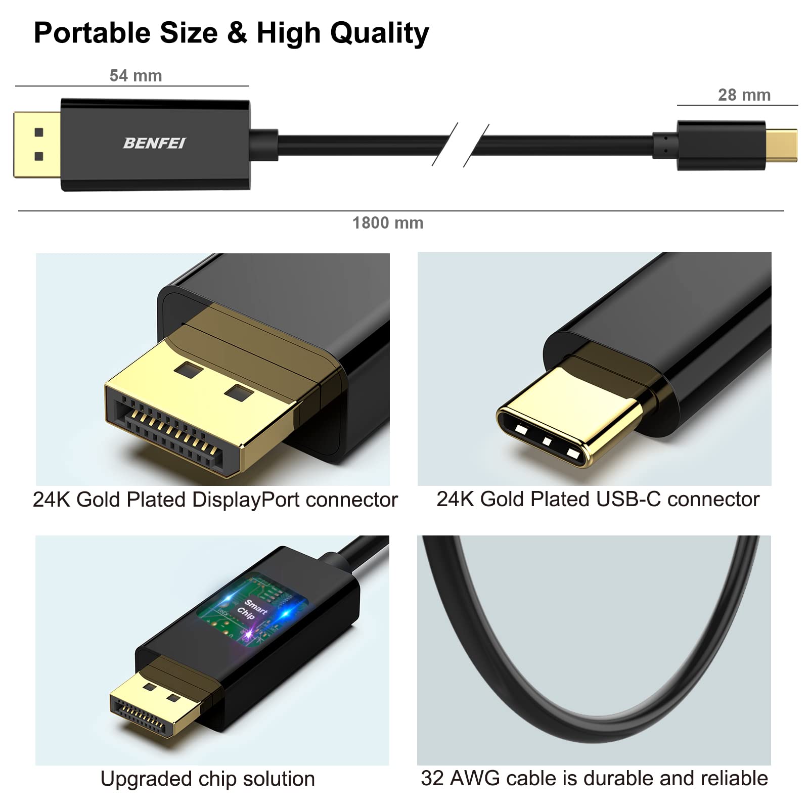 BENFEI USB C to DisplayPort 6 Feet Cable(8K@60Hz 4K@144Hz), USB Type-C to DP Adapter [Thunderbolt 3/4 Compatible] with iPhone 15 Pro/Max, MacBook Pro/Air 2023, iPad Pro, iMac, S23, XPS 17 and More