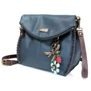 chala charming crossbody bag - flap top and metal key charm in navy blue, cross-body or shoulder purse - dragonfly