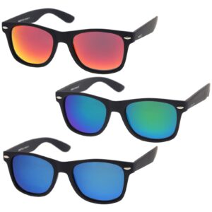 zerouv - classic colored mirror lens square horn rimmed sunglasses for men women (3 pack polarized | blue + green + red)